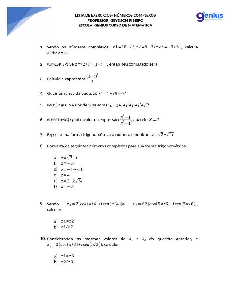 Lista de Exercícios - Números Complexos | PDF