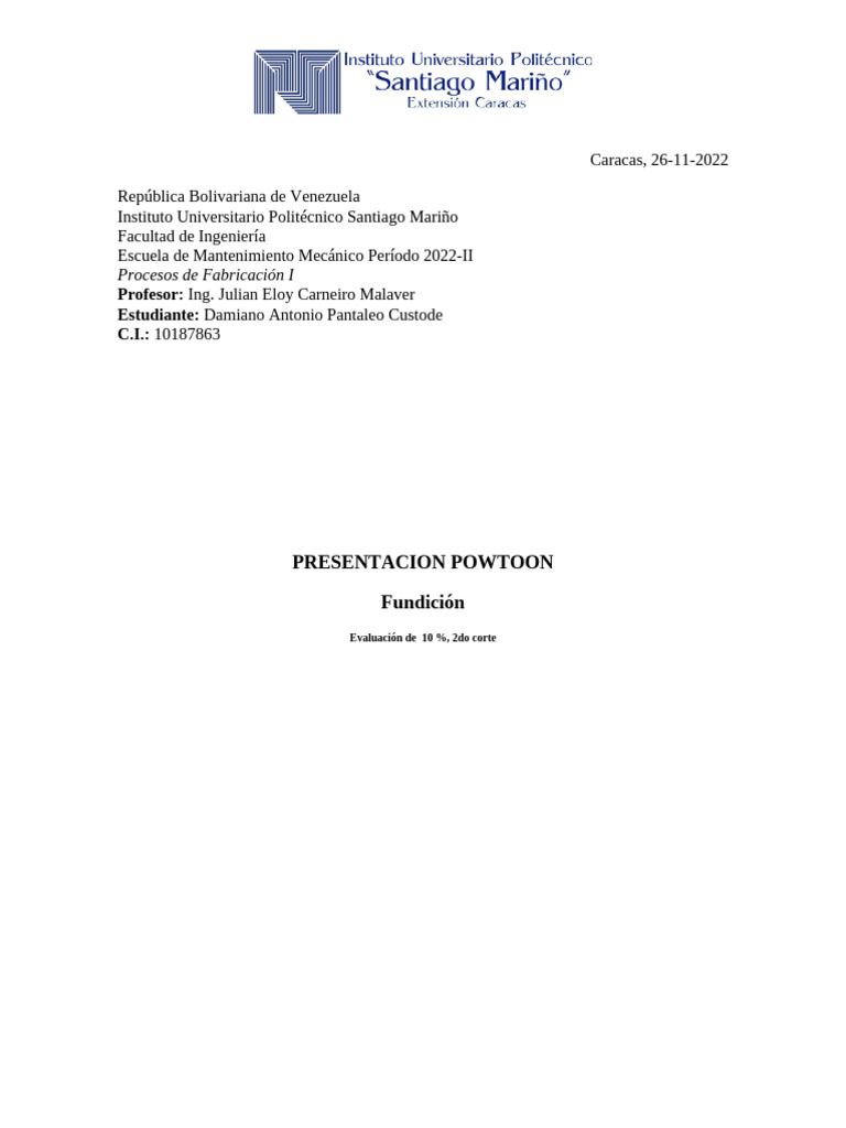 Evaluación de 10 %, 2do Corte, PRESENTACION DE FUNDICIONES POWTOON | PDF