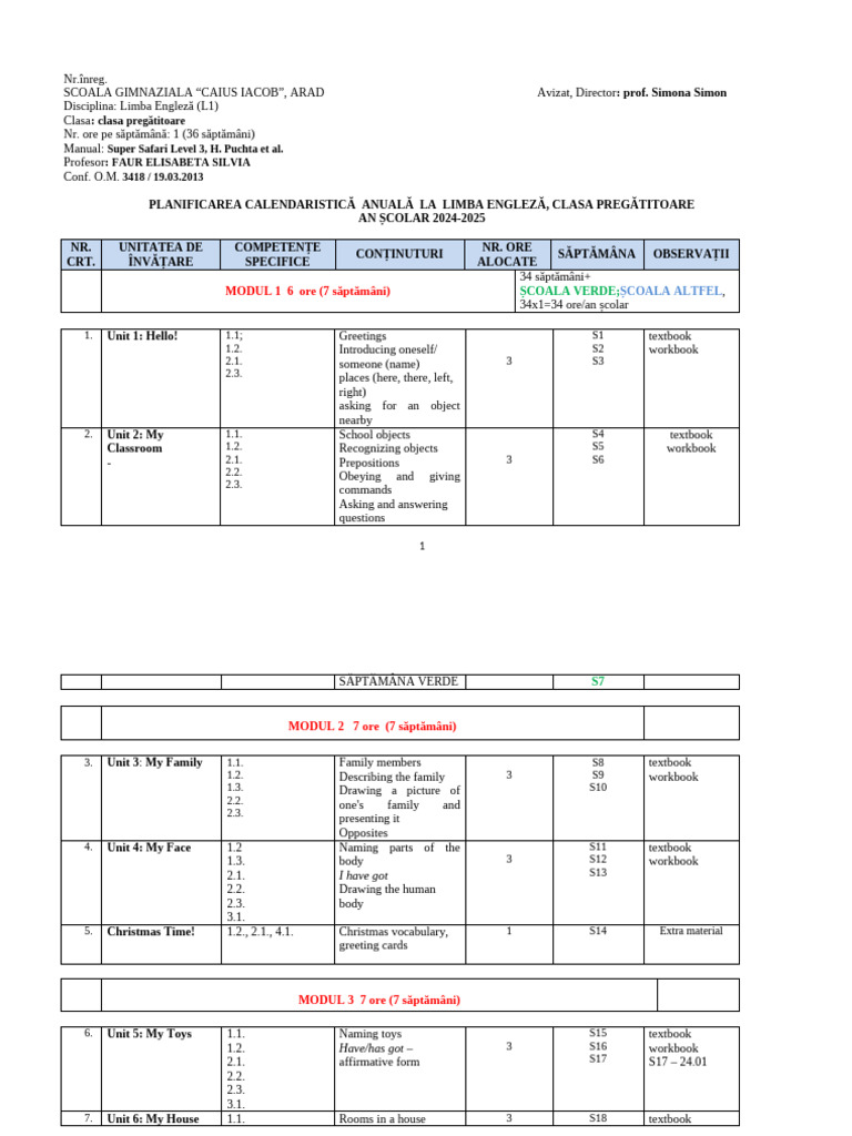 Planificare Calendaristica Clasa Pregatitoare 2024-2025 | PDF
