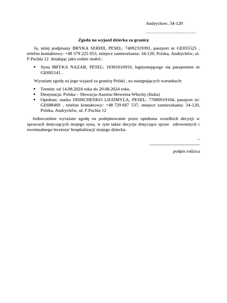Zgoda Na Wyjazd Dziecka Za Granice Z Jednym Z Rodzicow Wzor | PDF
