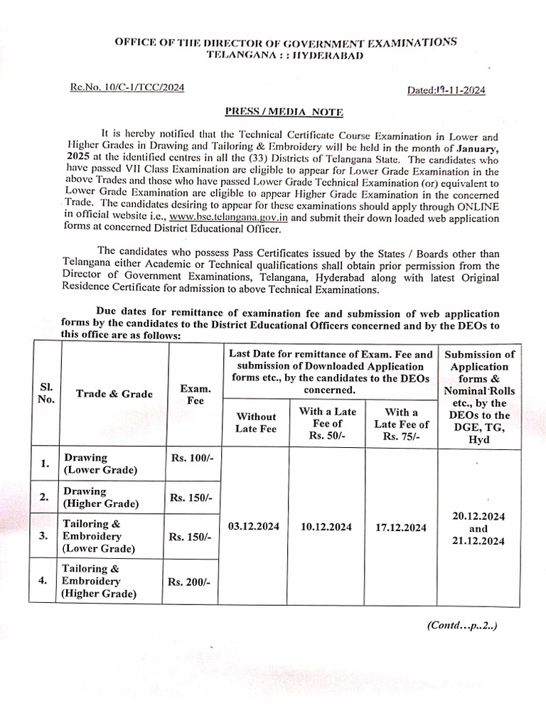 Press Note For TCC Examinations January 2025 | PDF