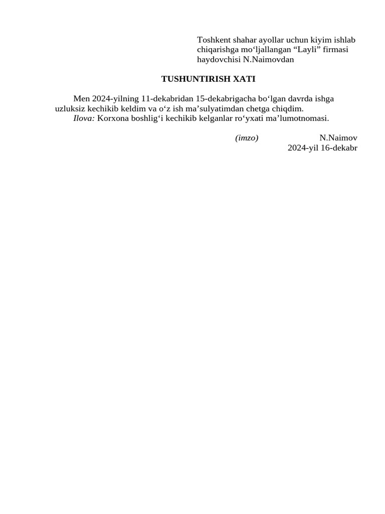 Tushuntirish Xati. Yakuniy Nazorat | PDF
