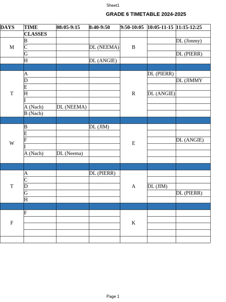 Grade 6 Timetable 2024 - 2025 | PDF