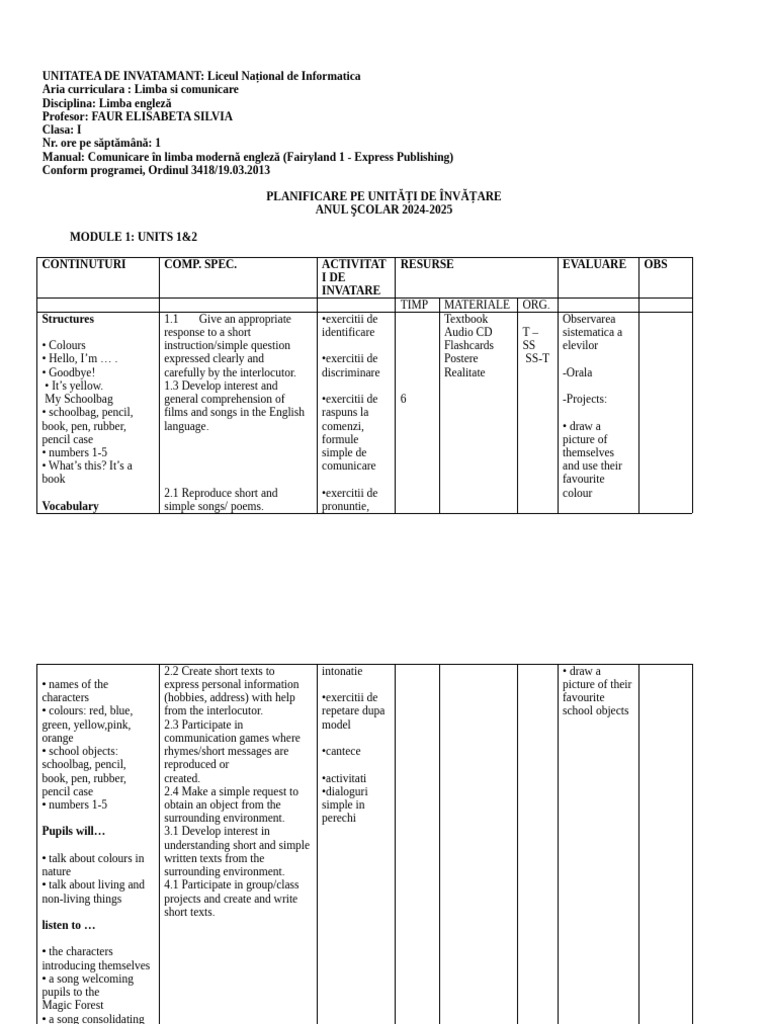 Clasa 1 Planificare Pe Unitati | PDF | Senses