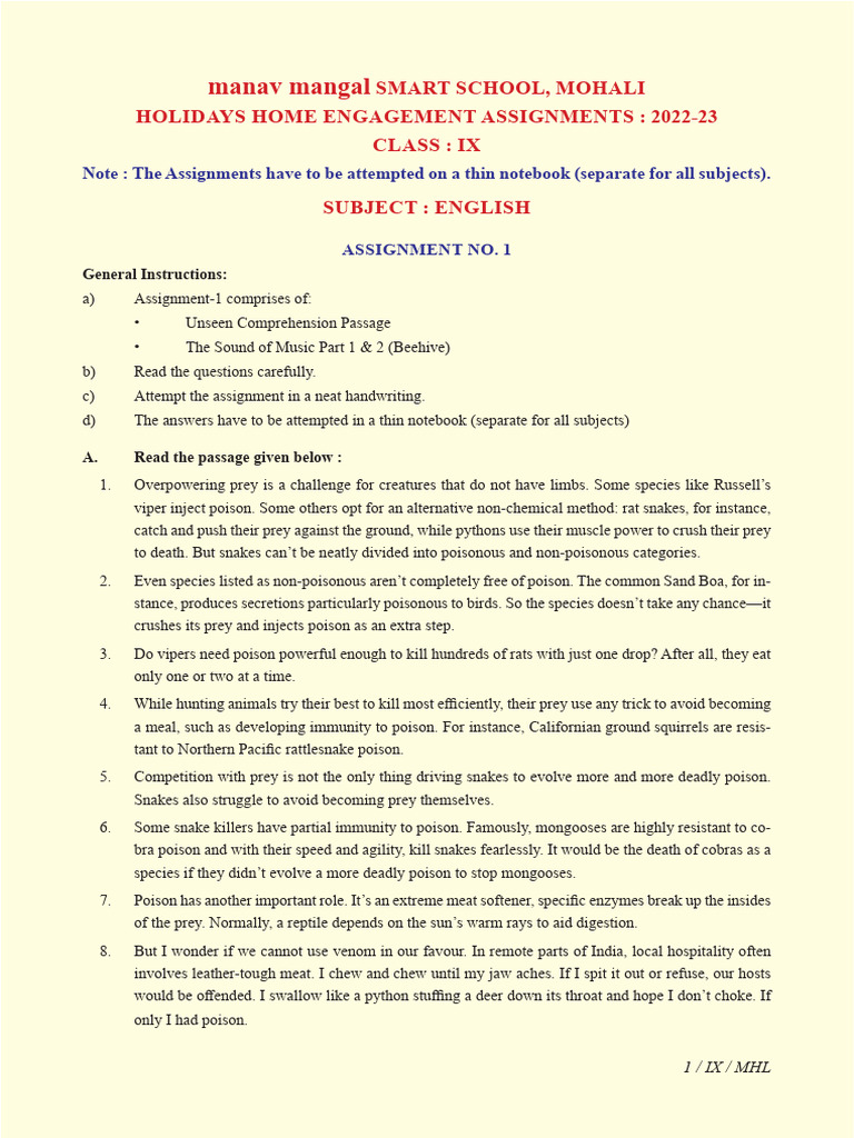 Class IX English Holiday Assignments | PDF | Snake | Predation