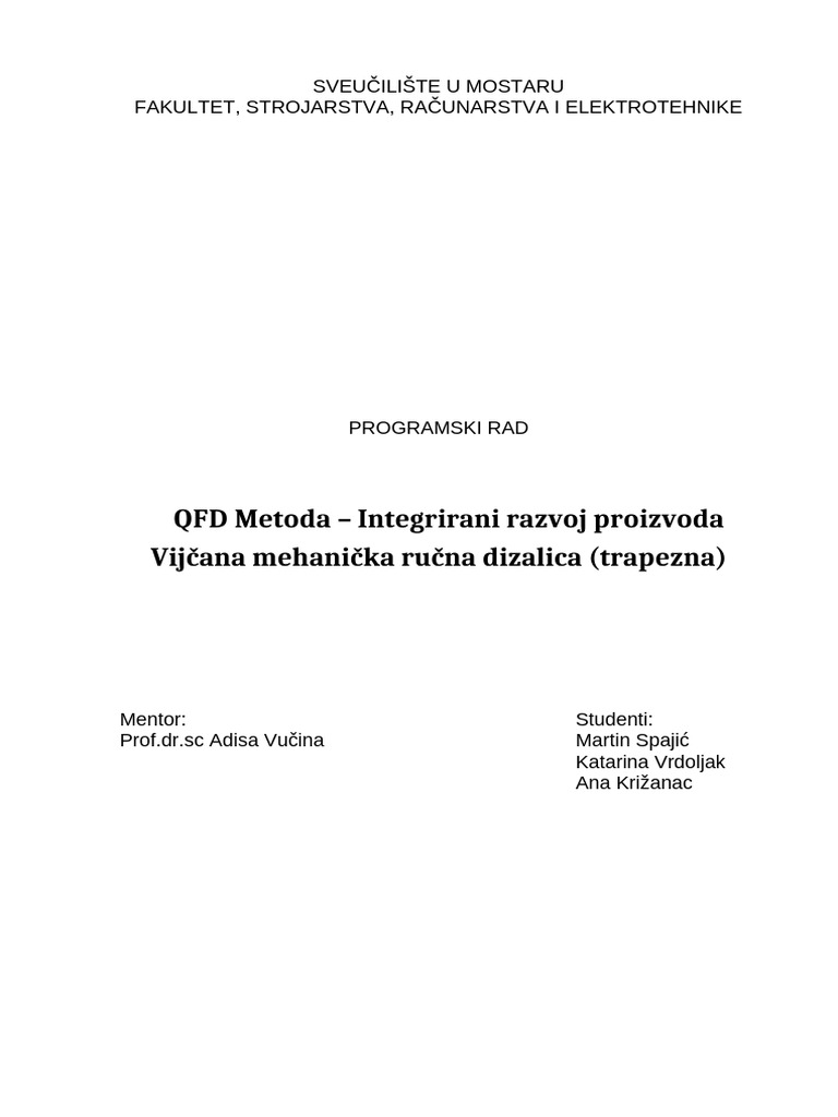 QFD Metoda - Integrirani Razvoj Proizvoda - Vijčana Mehanička Ručna ...
