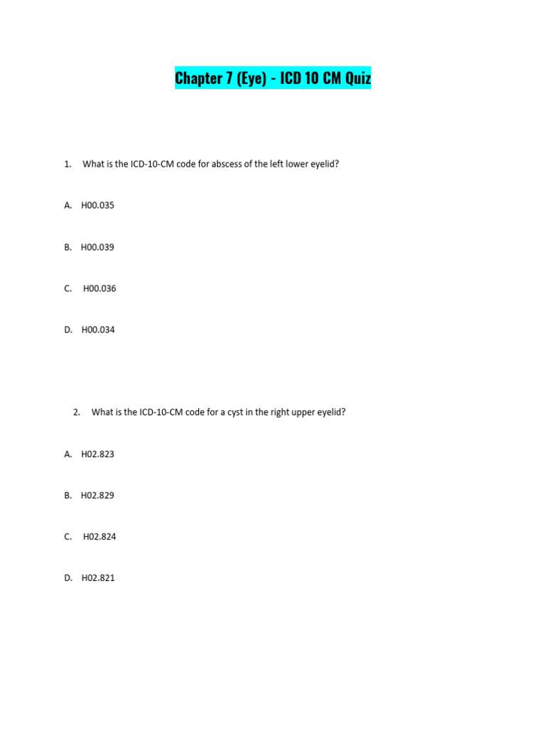 ICD 10 CM Quiz on Chapter 7 Q 1 | PDF | Clinical Medicine | Human Eye