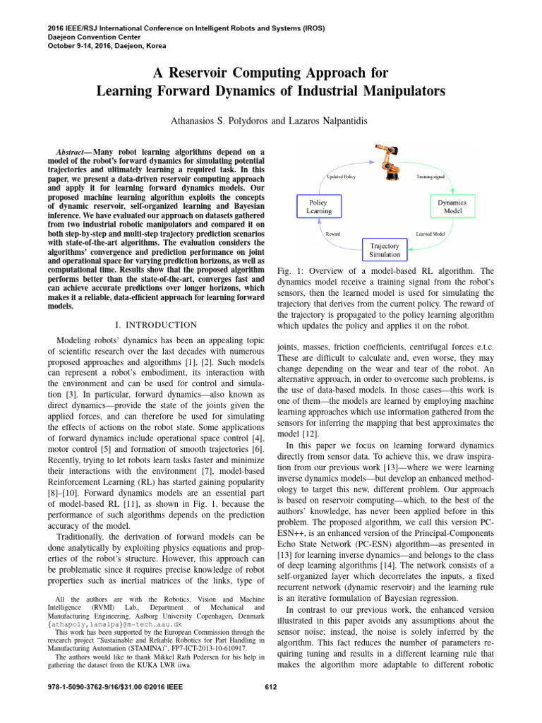 A Reservoir Computing Approach For Learning Forward Dynamics of Industrial Manipulators | PDF ...