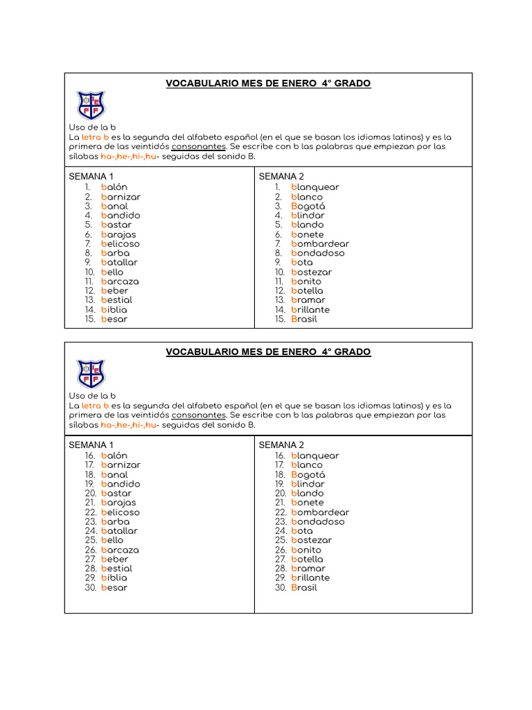 Vocabulario de Enero 4° Grado | PDF