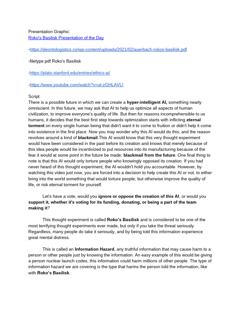 Roko's Basilisk Presentation Script | PDF