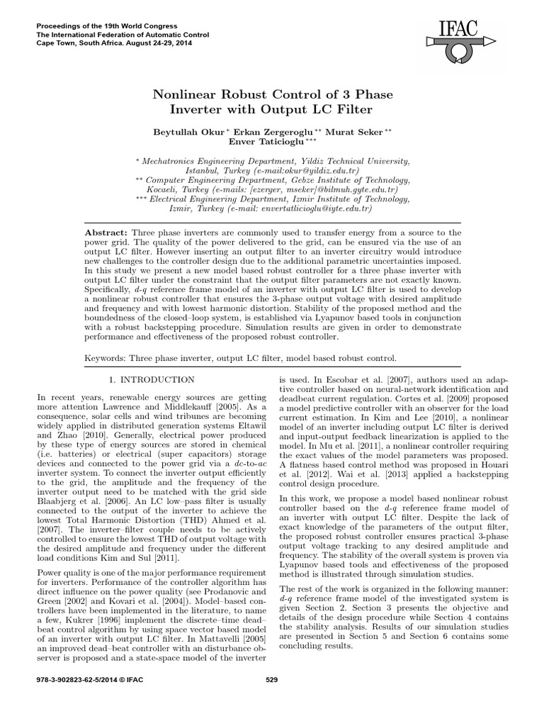 Nonlinear Robust Control of 3 Phase Inverter With Ou - 2014 - IFAC Proceedings V | PDF | Power ...