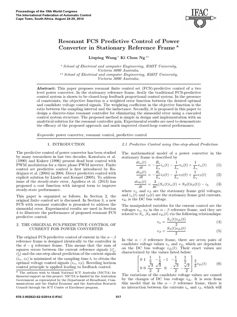 Resonant FCS Predictive Control of Power Converter in 2014 IFAC Proceedings | PDF | Electrical ...