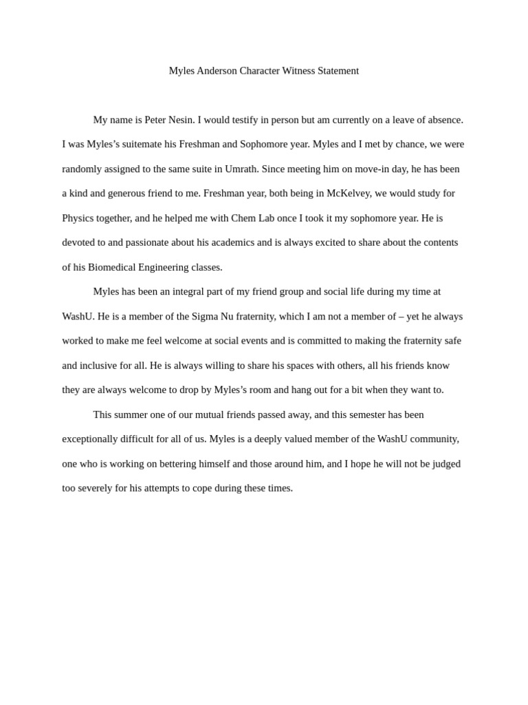 Myles Anderson Character Reference Statement | PDF