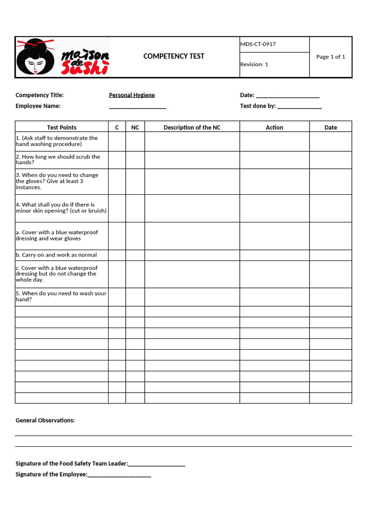 Competency Test Personal Hygiene | PDF