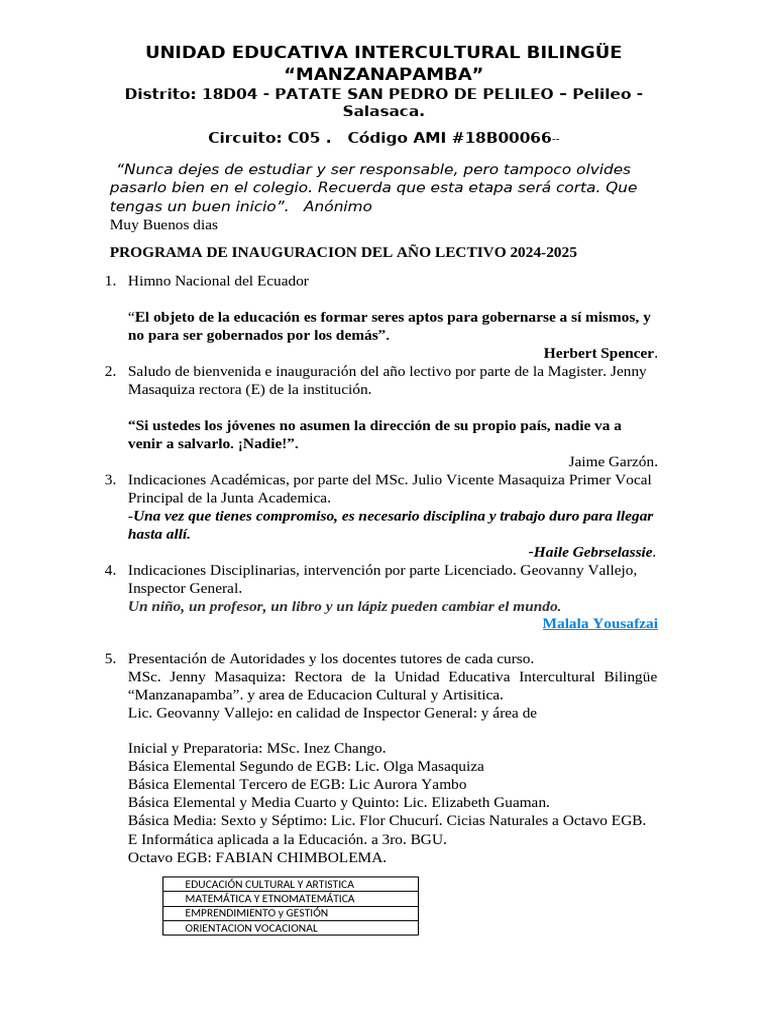 Programa-Inauguracion-Del-Ano-Lectivo 2024-2025 | PDF