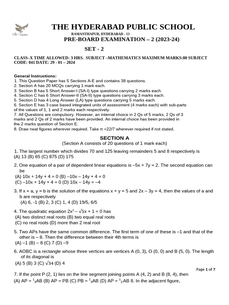 Class X - Pre-Bpard 2 - 2023-24 - (Set 2) | PDF | Circle | Geometry