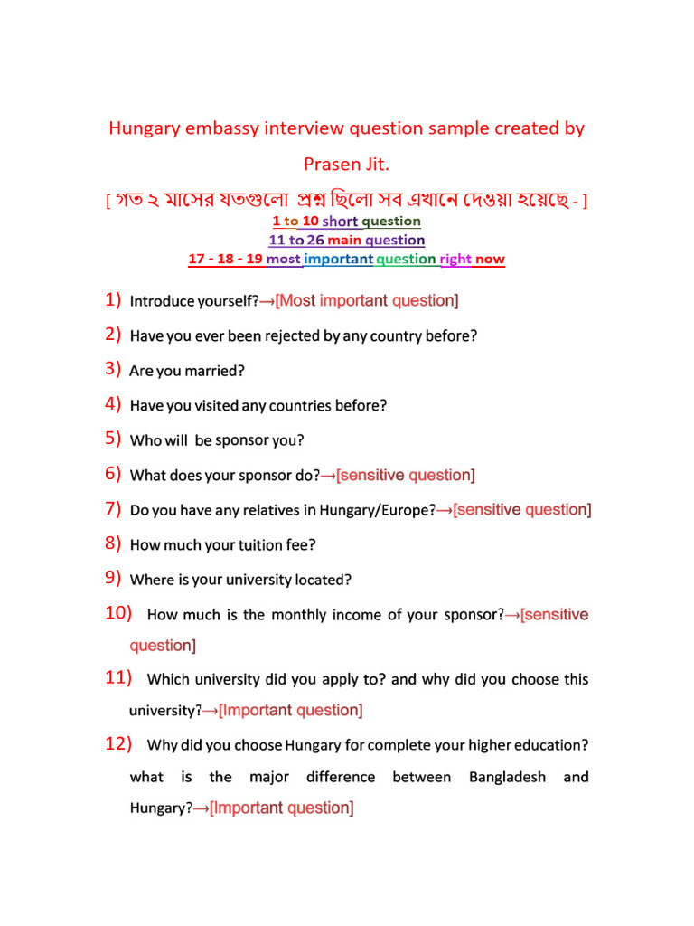 Updated1.2 Hungary Embassy INTERVIEW Question Sample Created by Prasen Jit - Unlocked | PDF