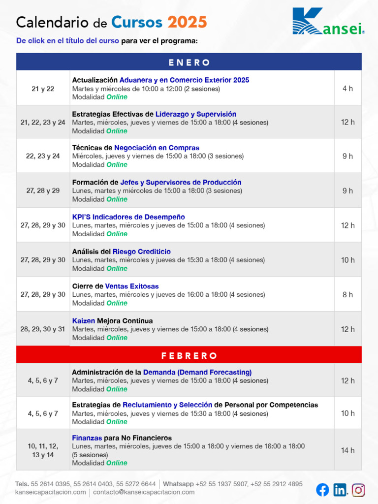 Calendario de Cursos 2025 Kansei Capacitacion | PDF | Negocios económicos | Industrias de servicio