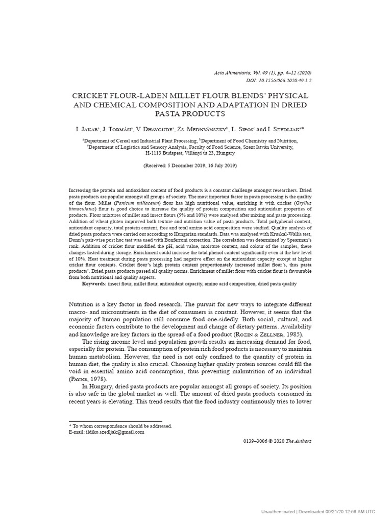 (15882535 - Acta Alimentaria) Cricket Flour-Laden Millet Flour Blends ...