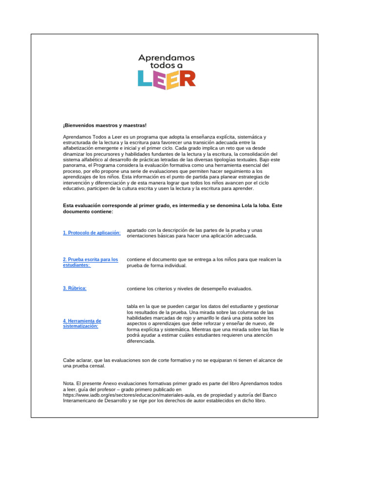 Evaluación Intermedia de Lectura 1er Grado | PDF | Evaluación | Puntuación