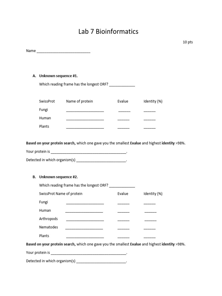 Lab_7_Bioinformatics_worksheet_2021_Fillable | PDF | Polymerase Chain ...
