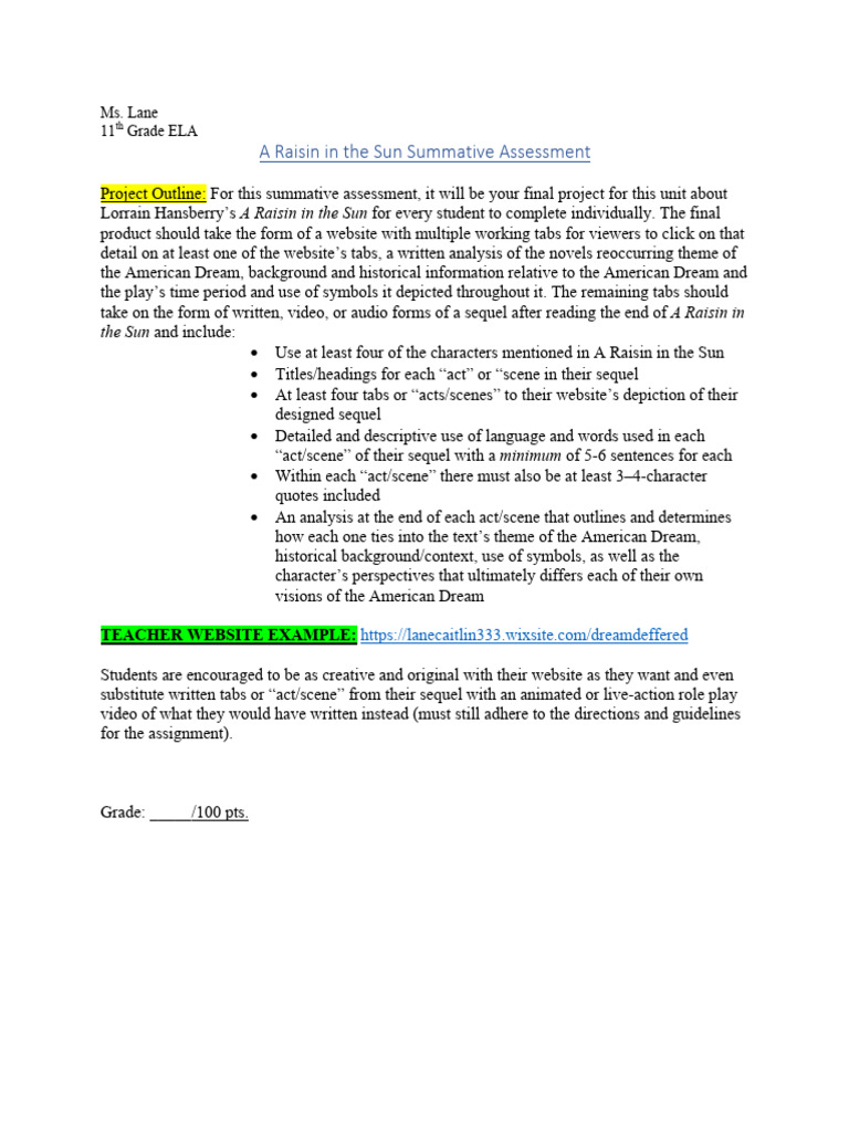 A Raisin in the Sun Summative Assessment Student Handout | PDF | Human ...