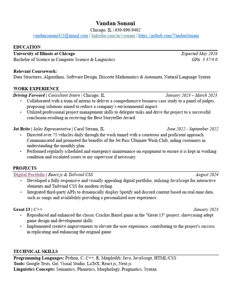 Vandan Sonani RESUME FALL 2024 | PDF | Linguistics | Java Script