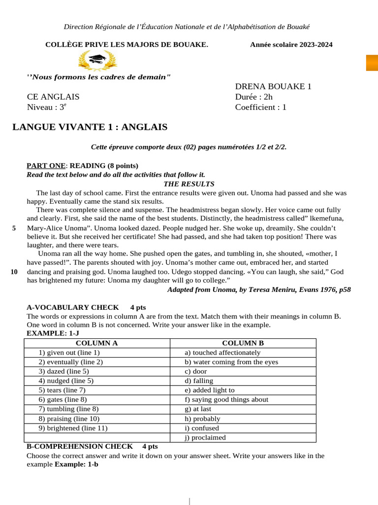 DEVOIR DE NIVEAU 3e Major) | PDF