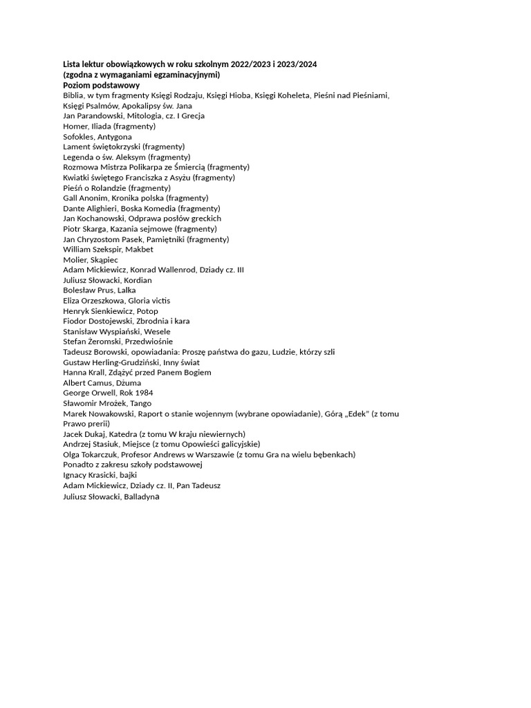 Lista Lektur Obowiązkowych Matura 2024 | PDF