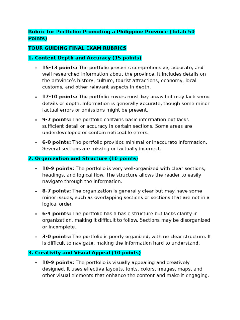 Tour Guiding Final Exam Rubrics | PDF | Cognition | Human Communication