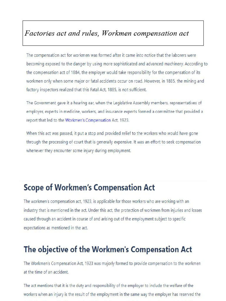 Factories Act and Rules, Workmen Compensation Act | PDF