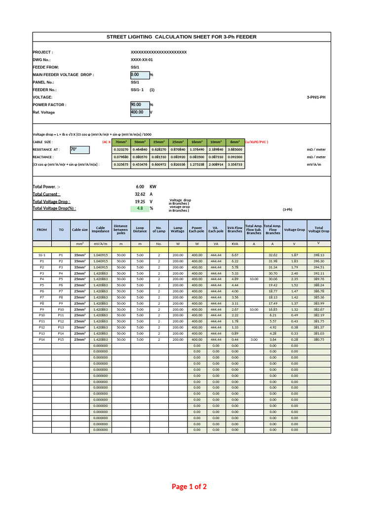 Street Lighting Voltage Drop Calculation Sheet V2 | PDF | Metrology ...