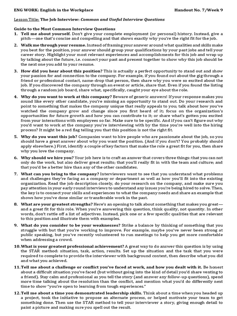 Common Job Interview Questions Guide | PDF | Goal | Experience