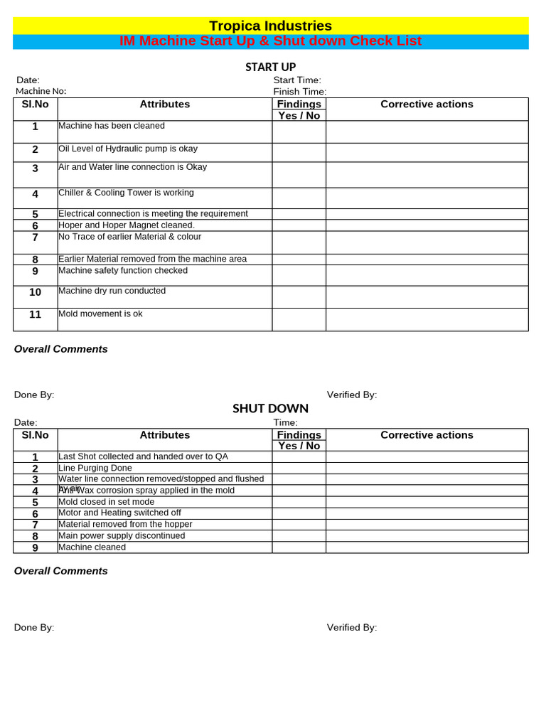 Machine Start-Up & Shut-Down Checklist | PDF