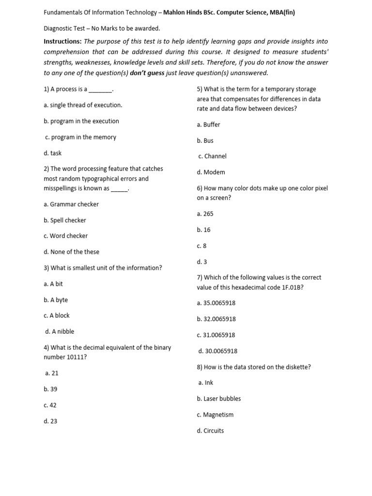 Diagnostic Test - Mahlon Hinds BSC, MBA | PDF | Computer Data Storage ...