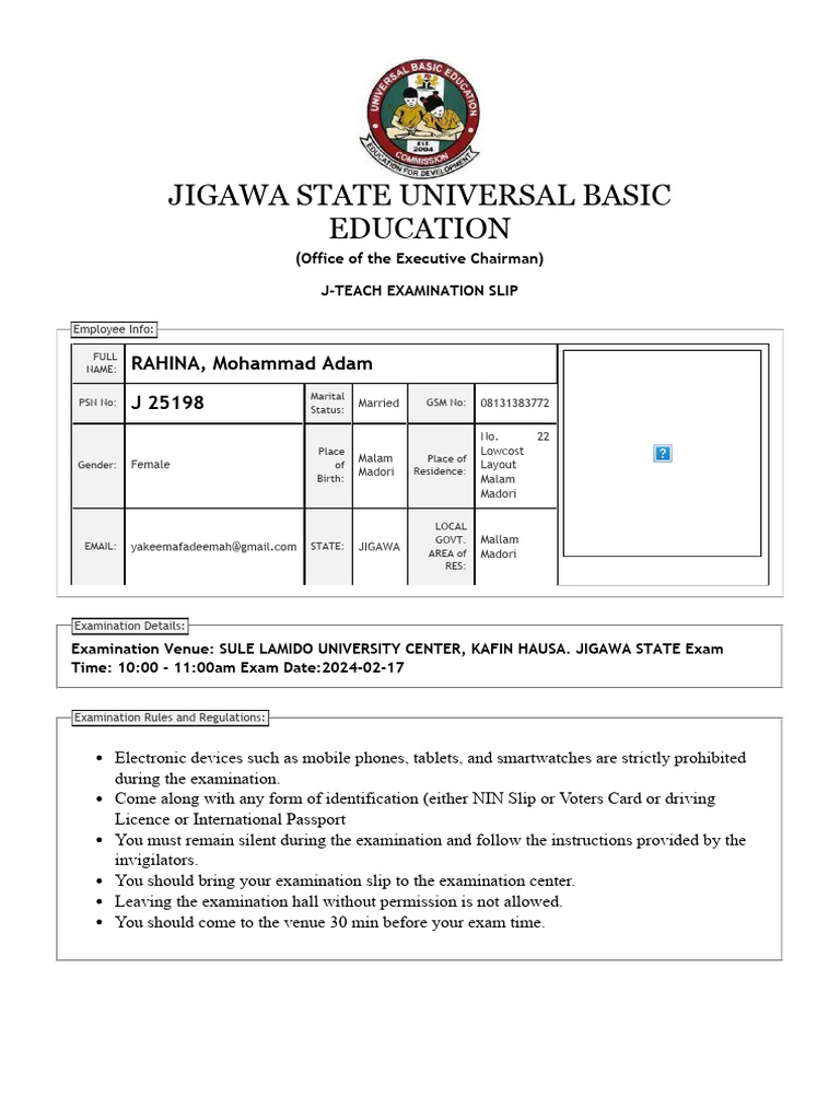 JTEACH Examination Slip | PDF