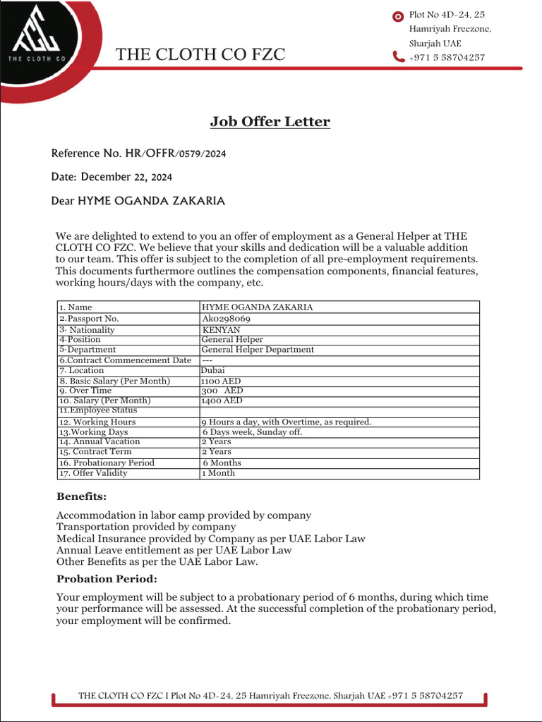 Hyme Oganda Zakaria Offer Letter | PDF