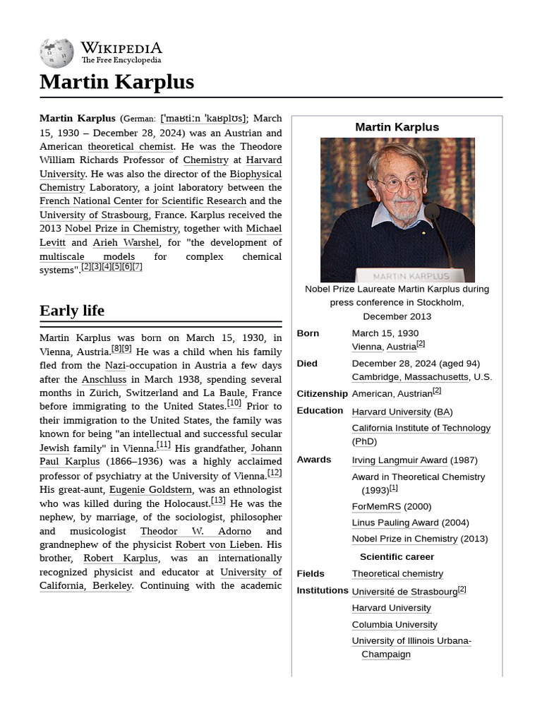 Martin_Karplus | PDF | Physical Sciences | Applied And Interdisciplinary Physics