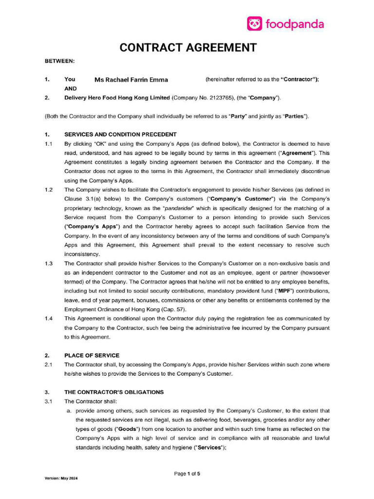 Food Panda Company Contract Agreement | PDF
