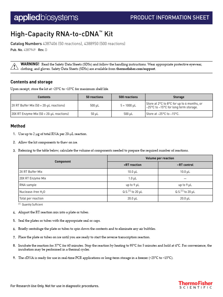 High Capacity RNA To cDNA Kit Product Sheet | PDF | Biochemistry ...