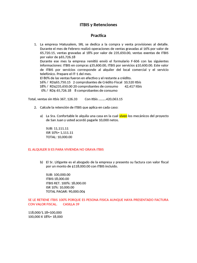 Retenciones de ITBIS y Cálculos Fiscales | PDF