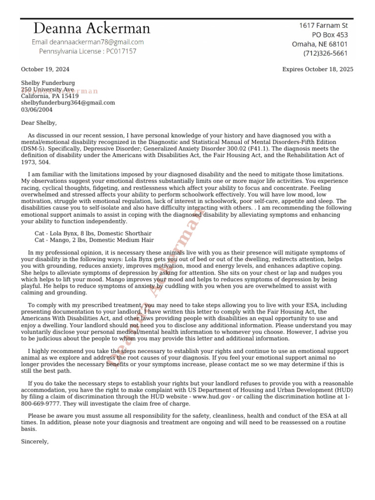 Deanna Ackerman Housing Multiple Animals Approval EID1111 OID3062212 2024-10-19 | PDF | Mental ...