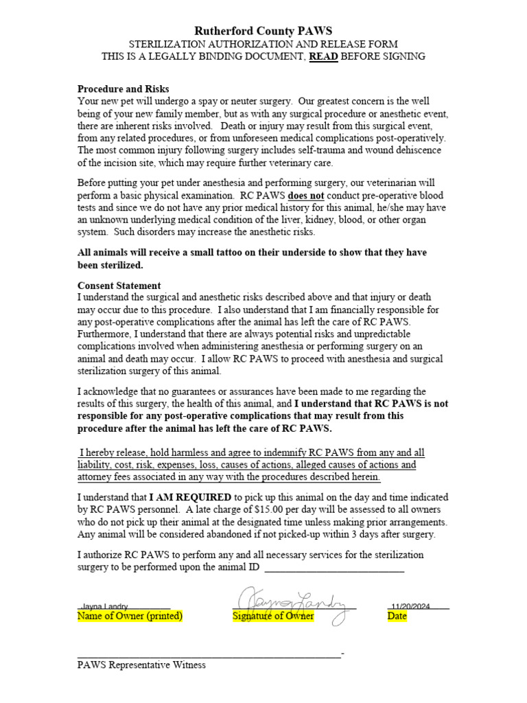 RC PAWS Surgical Release Statement | PDF | Surgery | Neutering