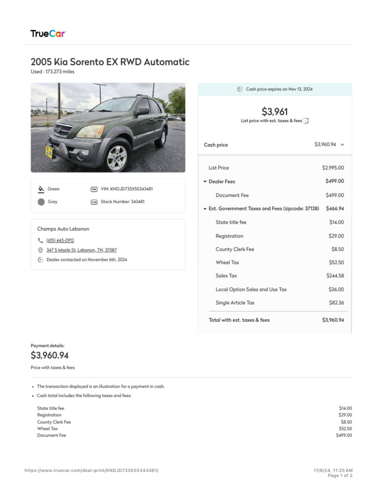 2005 Kia Sorento Payment Breakdown | PDF | Taxes | Fee