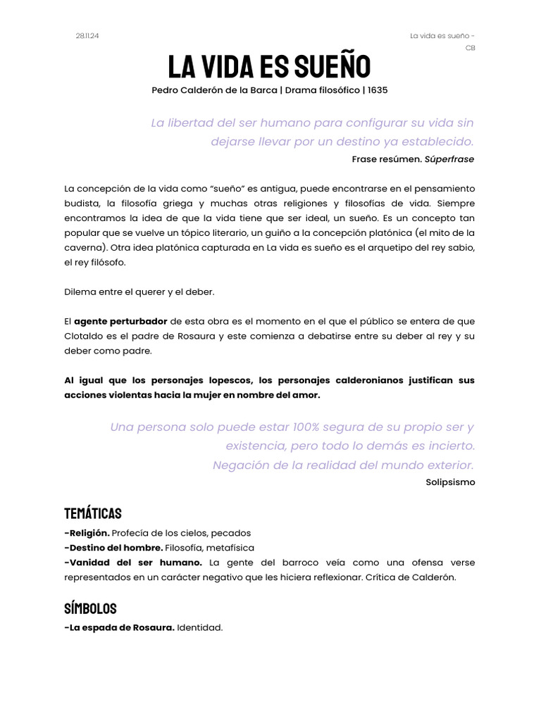 La Vida es Sueño: Filosofía y Destino | PDF