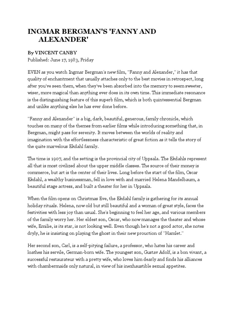 Ingmar Bergman'S 'Fanny and Alexander': by Vincent Canby | PDF | Cinema ...