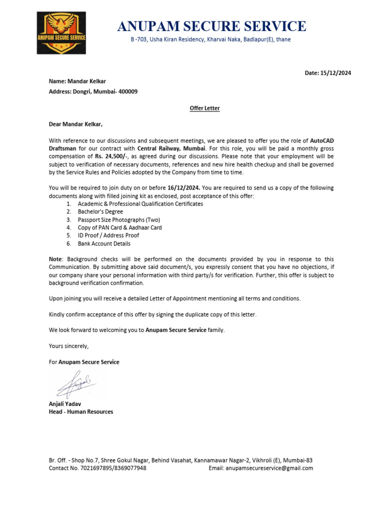 Mandar Kelkar Offer Letter | PDF