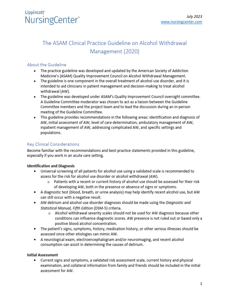 ASAM Guidelines for Alcohol Withdrawal Management | PDF ...