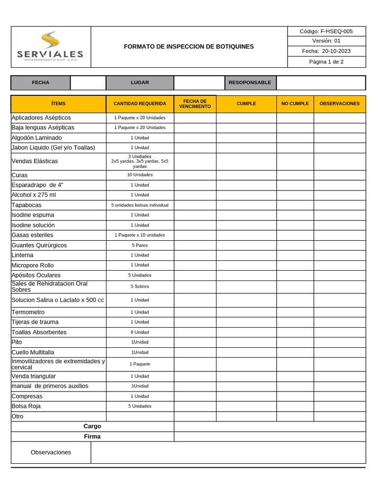 F-HSEQ-005 Inspección de botiquín | PDF