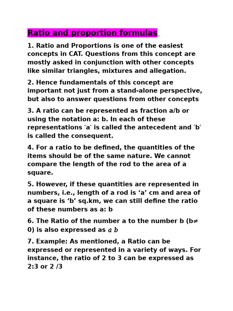 Ratio and Proportion Formulas | PDF | Ratio | Numbers